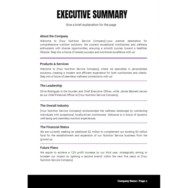 Nutrition Service Business Plan Template - Oak Business Consultant