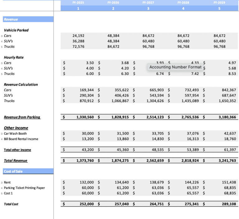 Parking Lot Excel Financial Model Template - Oak Business Consultant